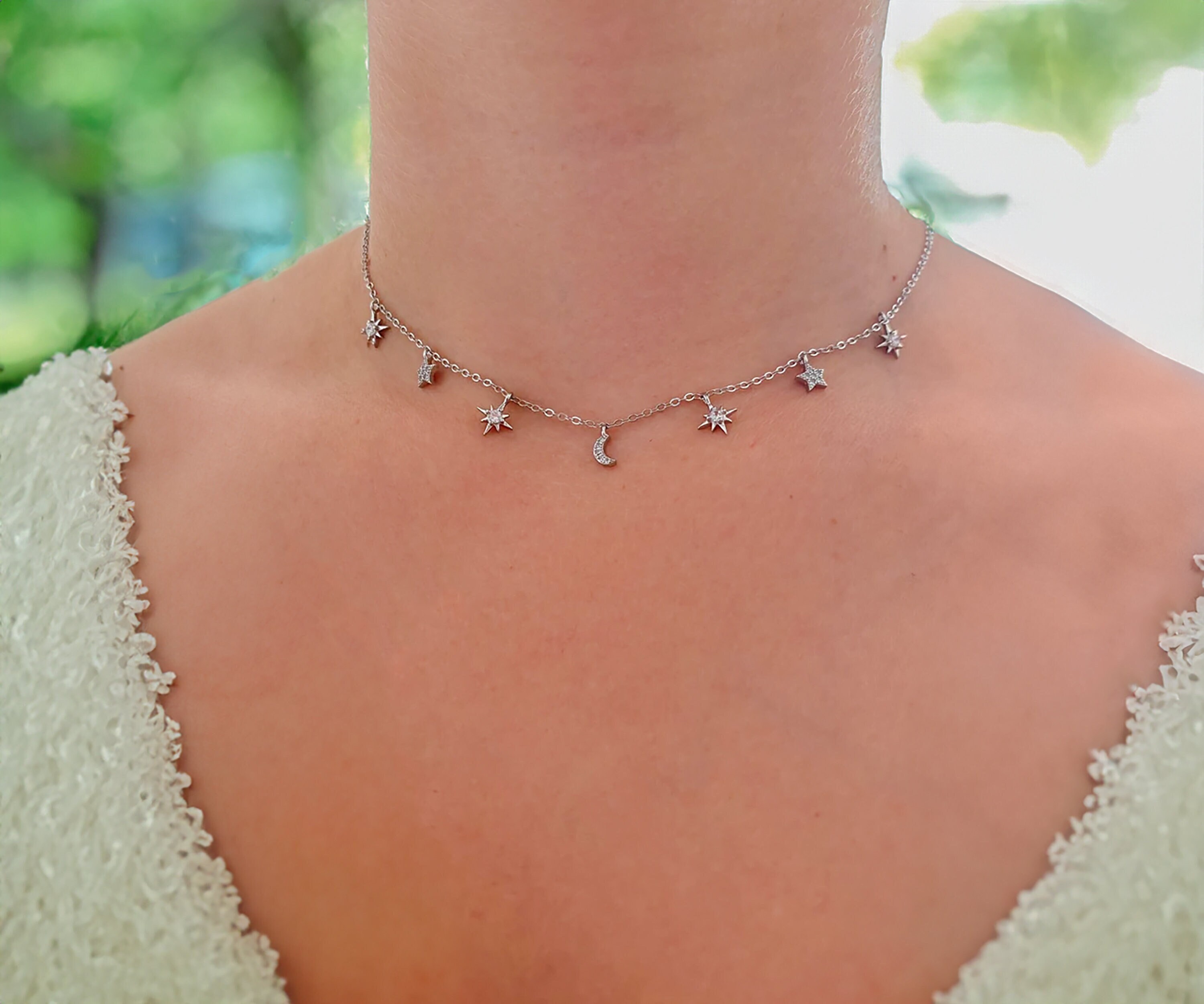 STERLING SILVER Charms Necklace Dainty Star Necklace North Star Choker Silver Moon Necklace Celestial Choker Necklace Holiday Necklace Etsy