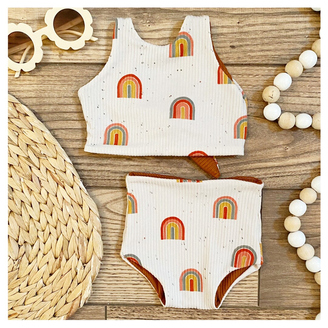 Girls Reversible Swimsuit Swim Wear Bikini Crop Top High Waist Boho ...