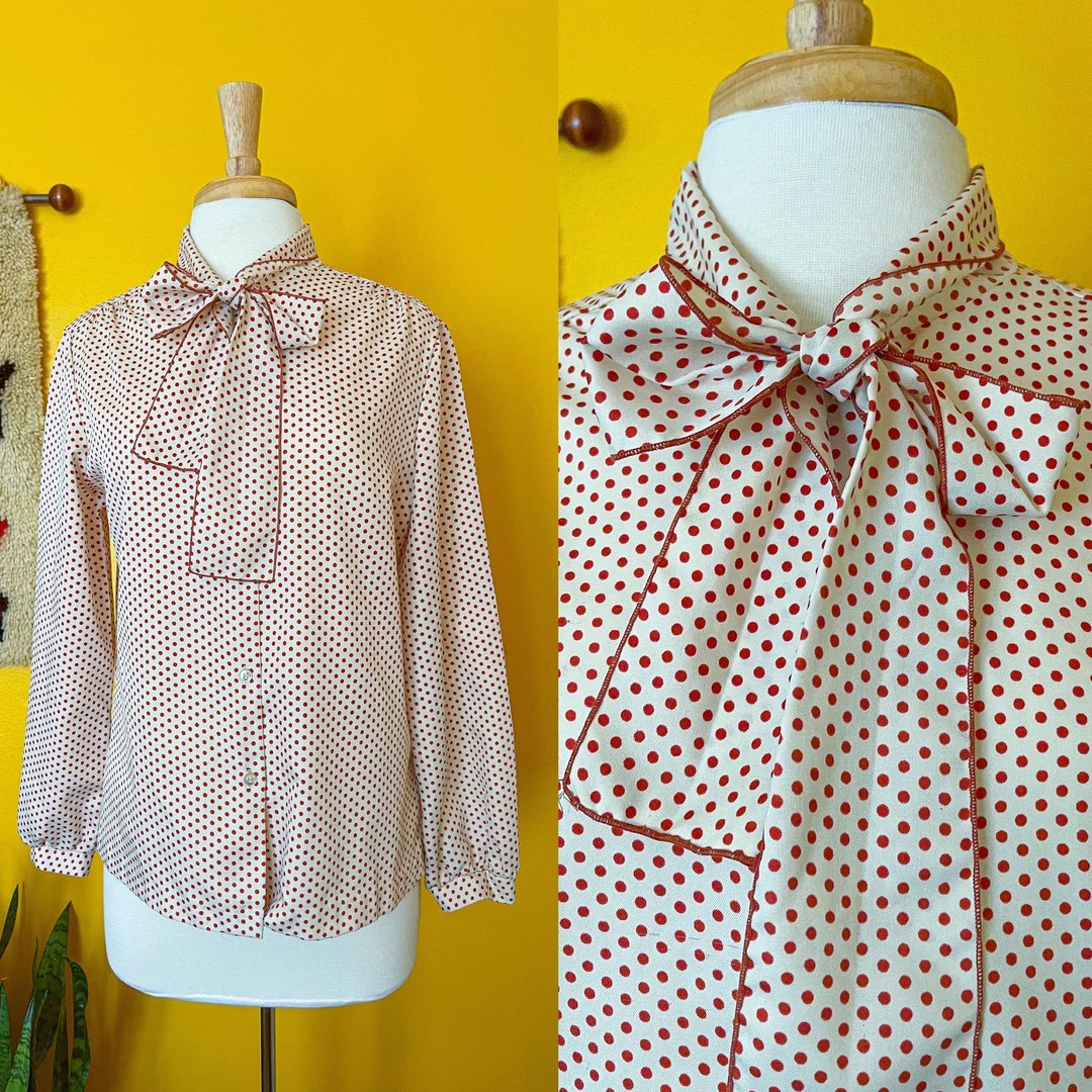Vntg 70s 80s Rhoda Lee Red & White Polka Dot Tie Blouse Retro Mod Pin ...