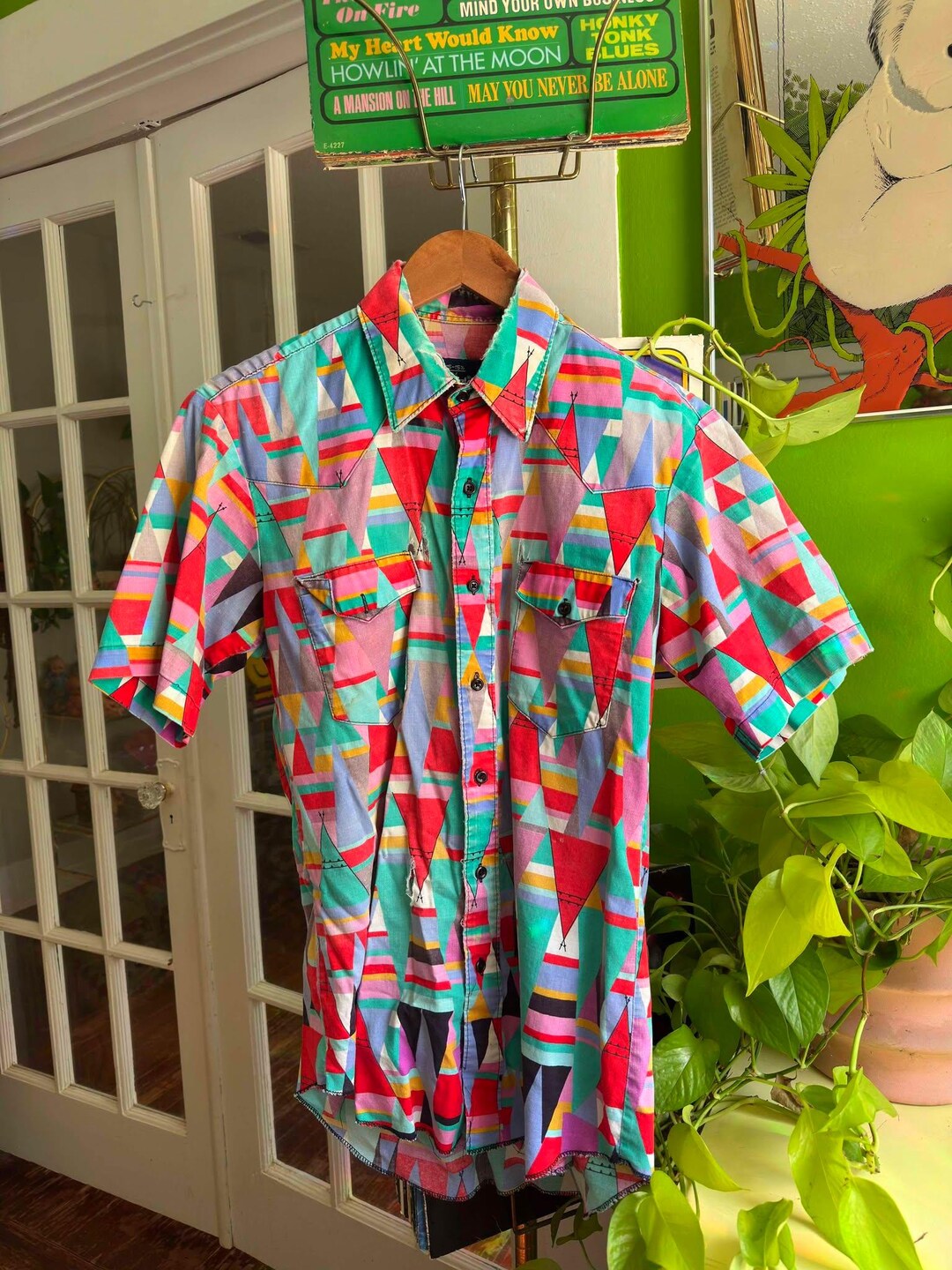 Vintage 80s WRANGLER Triangle Abstract Pastel Print Shirt DESTROYED ...