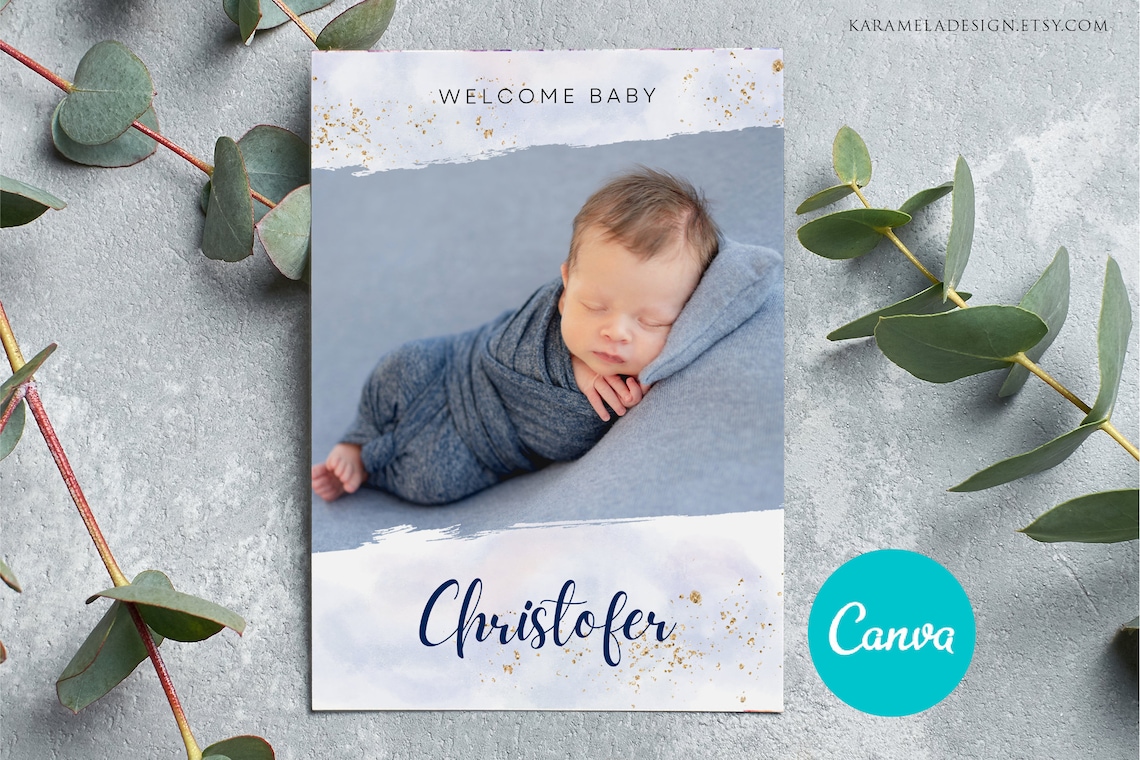 Baby Boy Birth Announcement Template for Canva - Etsy