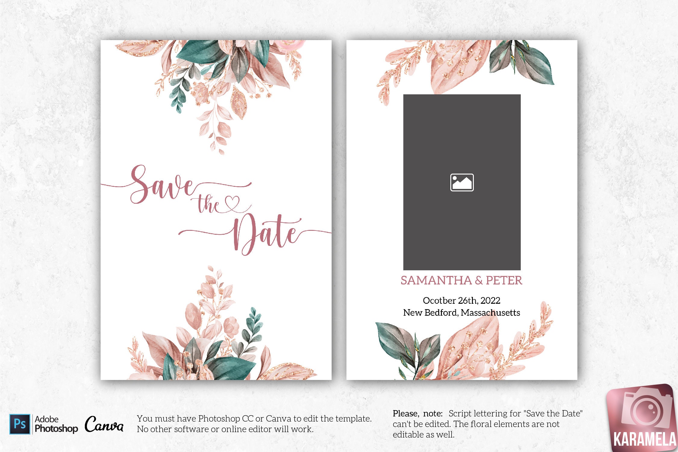 4x6 Floral Save The Date Photo Card Template Canva Template Etsy
