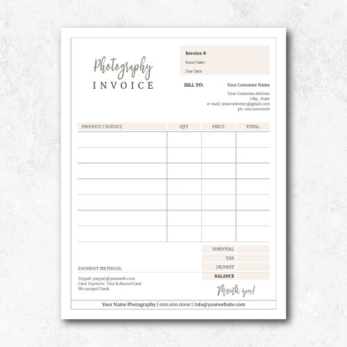 Invoice Design Receipt Photography Invoice for Photoshop and - Etsy
