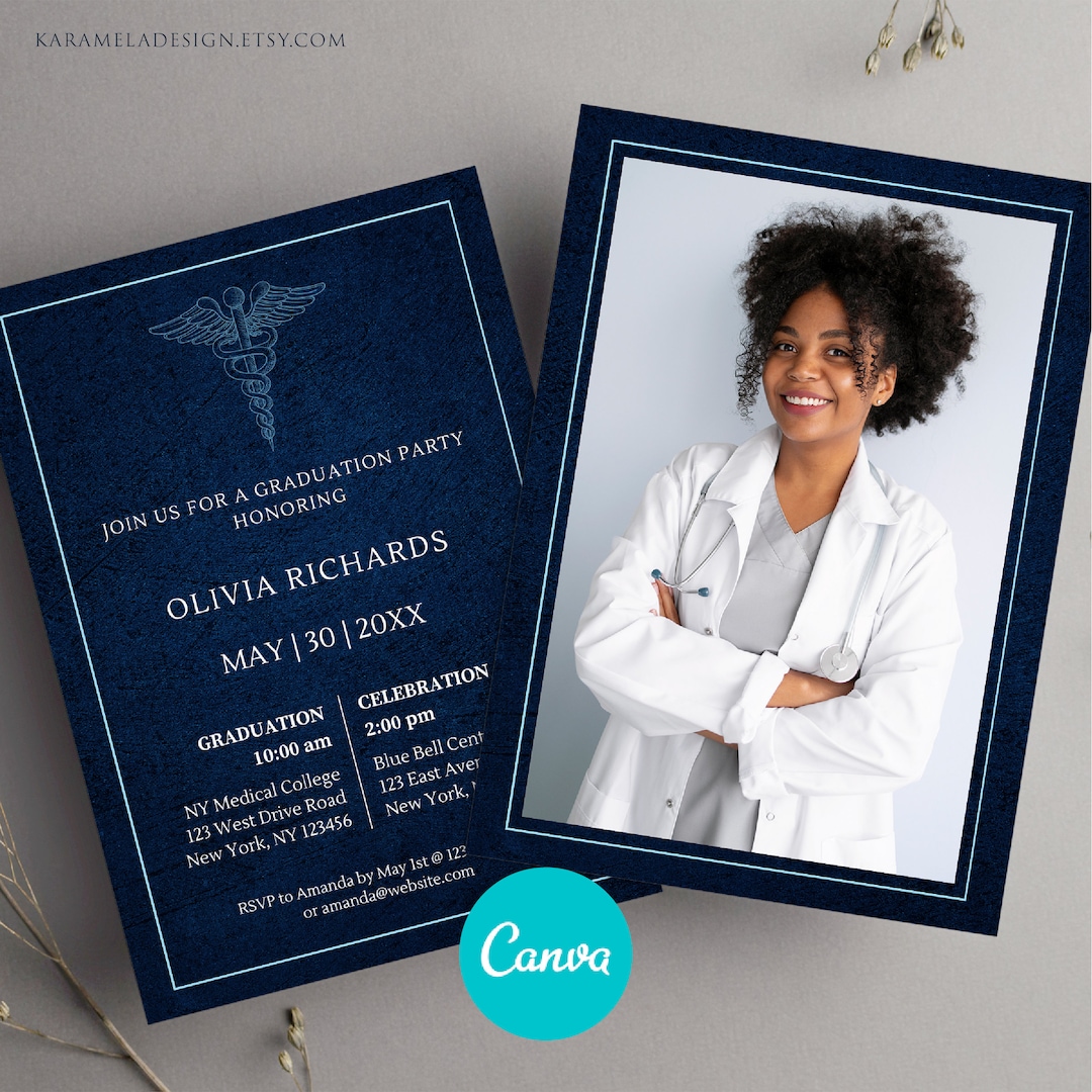 Navy Blue Medical Graduation Invitation: Elegant Ceremony Template ...