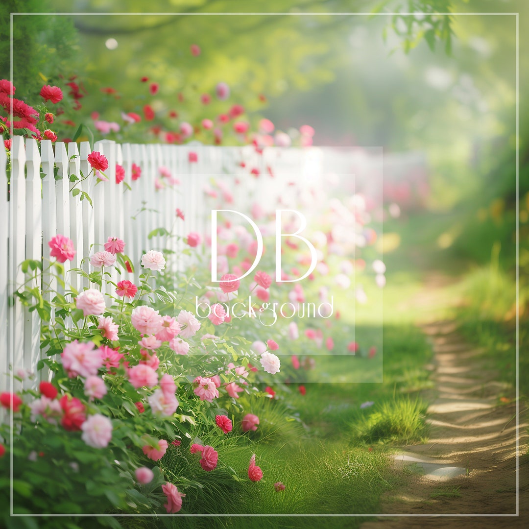 Summer Digital Background | White Picket Fence With Flowers Digital ...