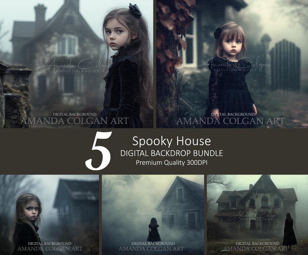 5 Halloween Digital Backdrop Bundle | Spooky House Digital Background ...