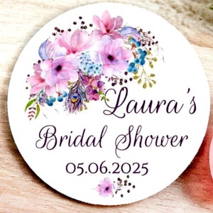 Personalized Pink Floral Bridal Shower Labels Round Party Favor Wedding ...