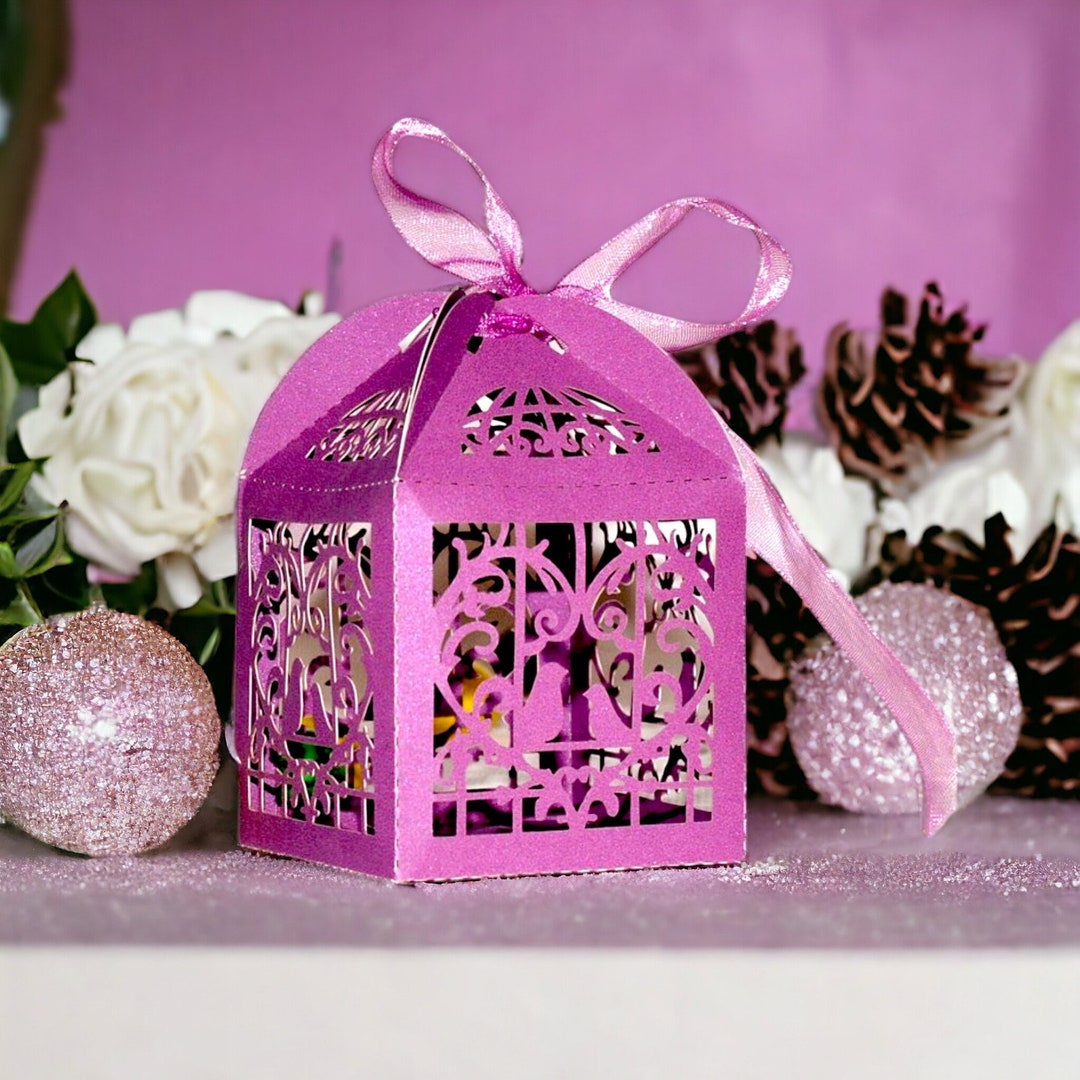 Purple Favor Gift Box, Cutout Heart Birds Wedding Favor Box for Candies ...