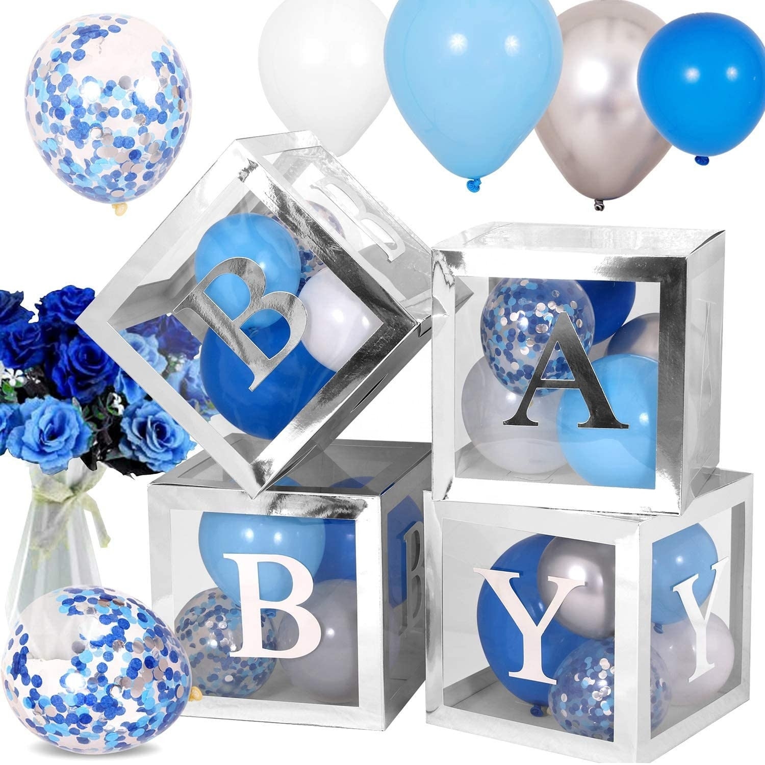 Cajas para baby shower con globos plateados transparentes, decoración ...