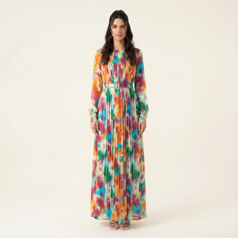 Dreamy Print Silk Chiffon Maxi Dress, Modest Pleated Design - Etsy
