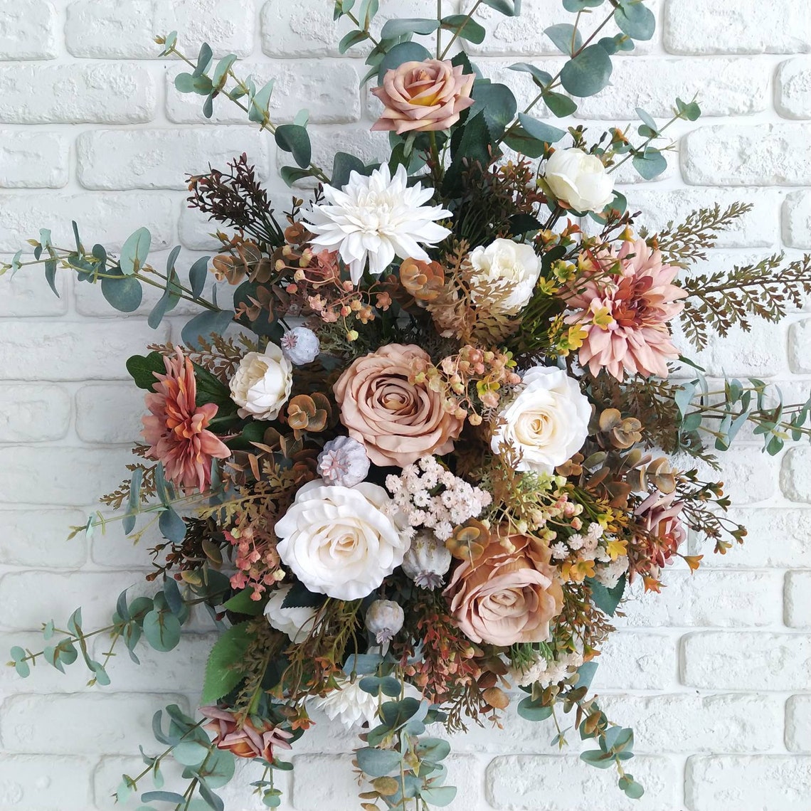 Rust peach and ivory dahlia wedding bouquet Dusty roses bridal | Etsy