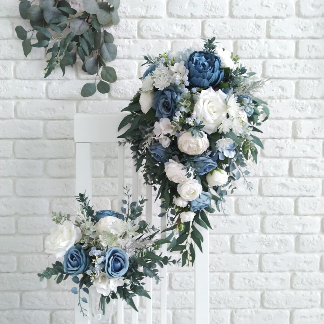 Navy Blue Roses White Ivory Peony Bridal Cascading Bouquet Sage Dark ...