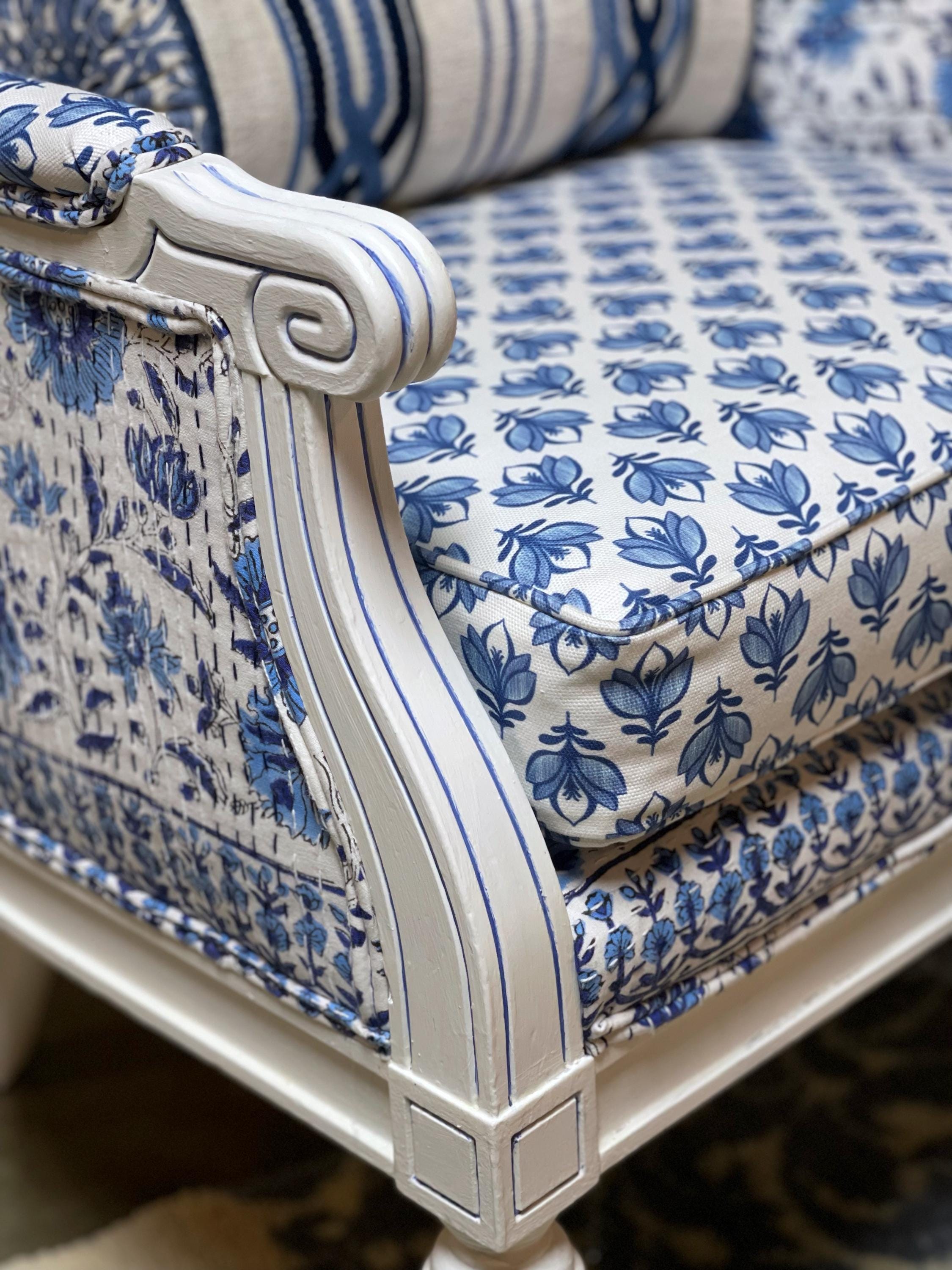 Blue & White Block Print Armchair | Comfortable Upholstered Accent ...
