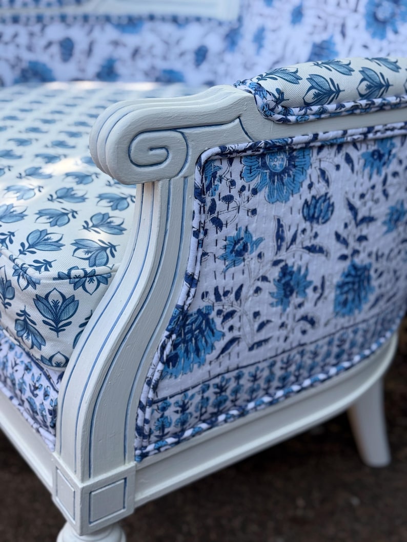 Blue & White Block Print Armchair | Comfortable Upholstered Accent ...