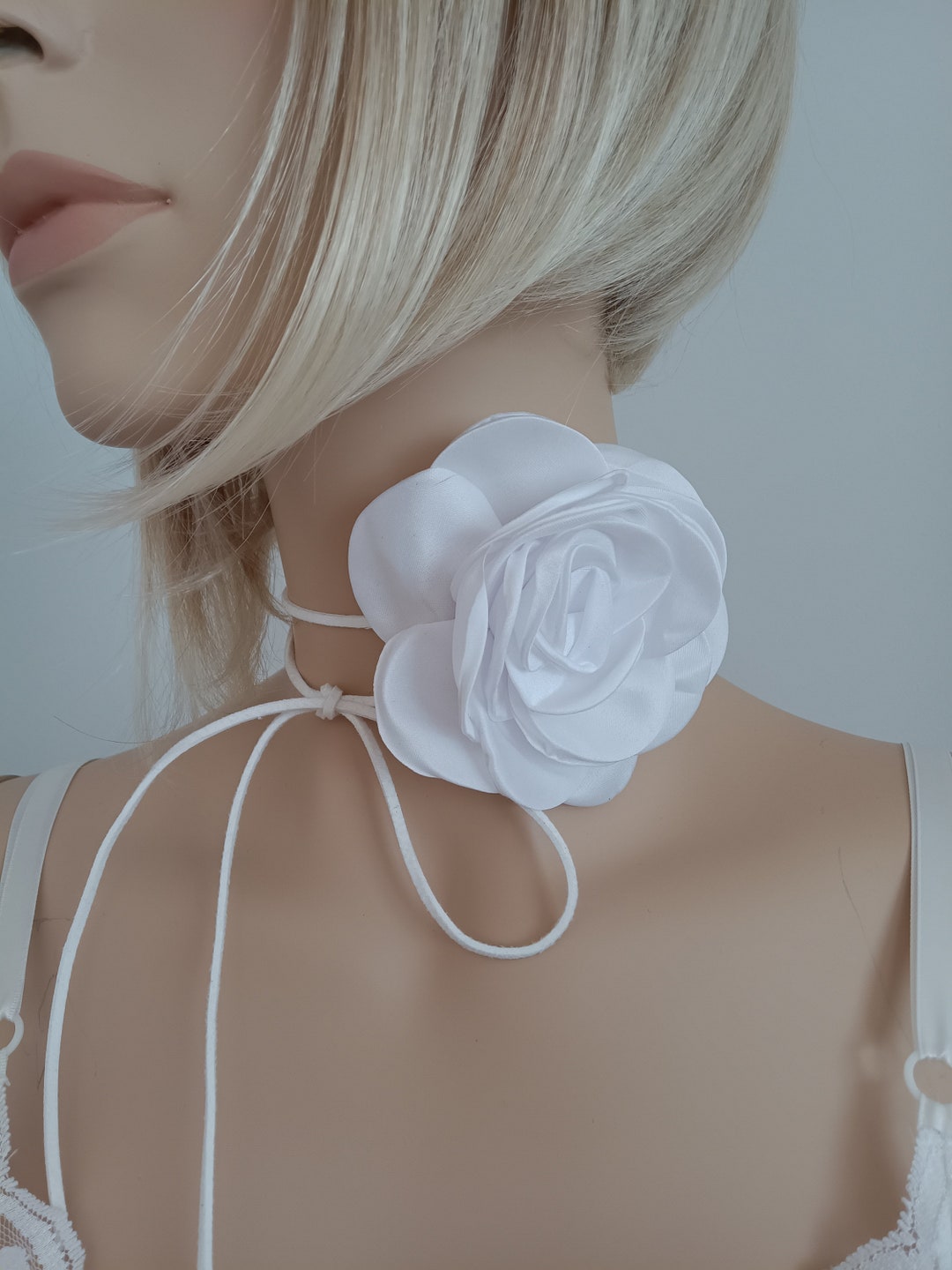 Rosette Wrap Necklace | Romantic White Satin Rose Flower Choker ...