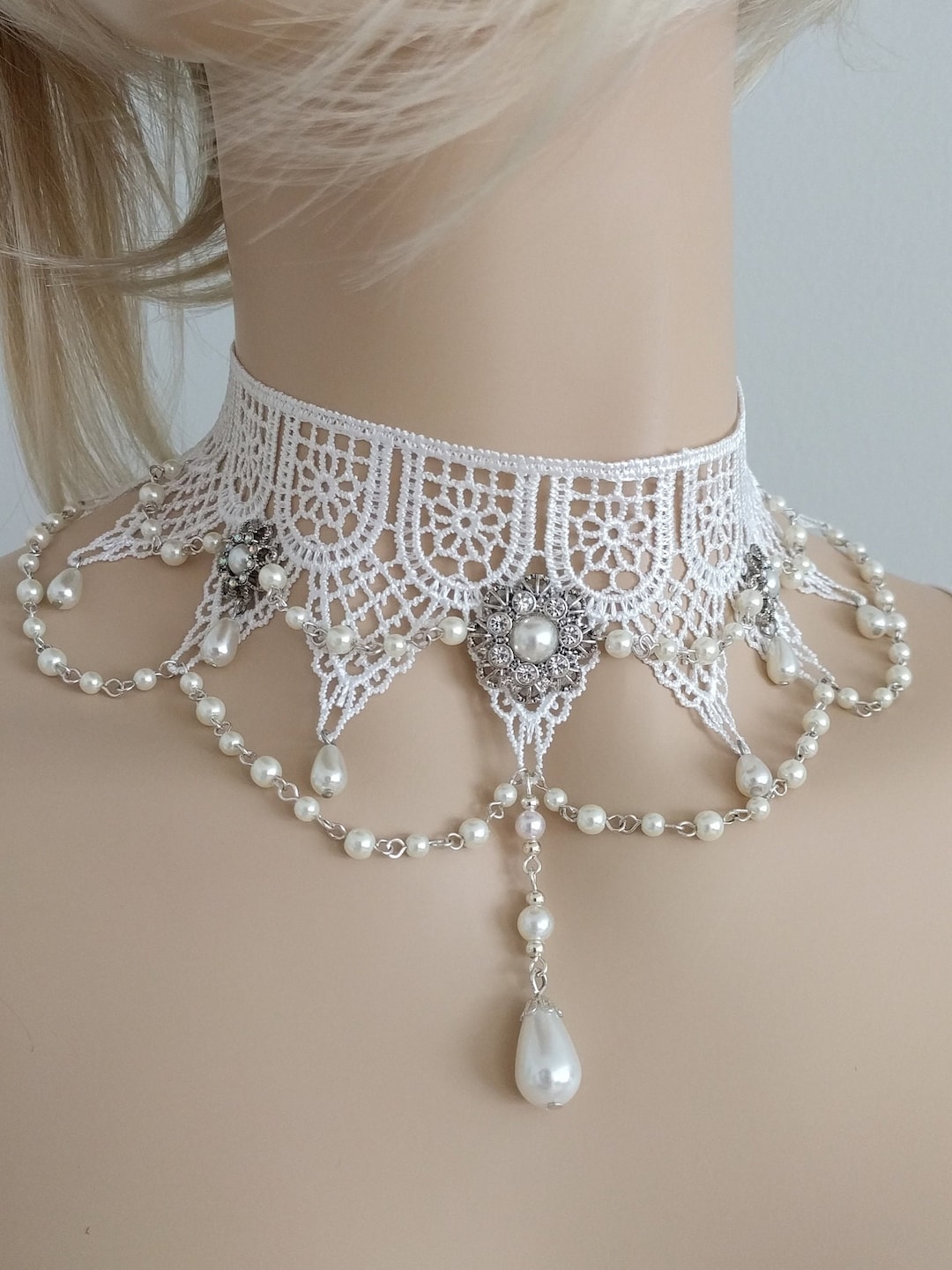 Elegant Teardrop White Lace Pearls Choker Necklace Gothic Victorian ...