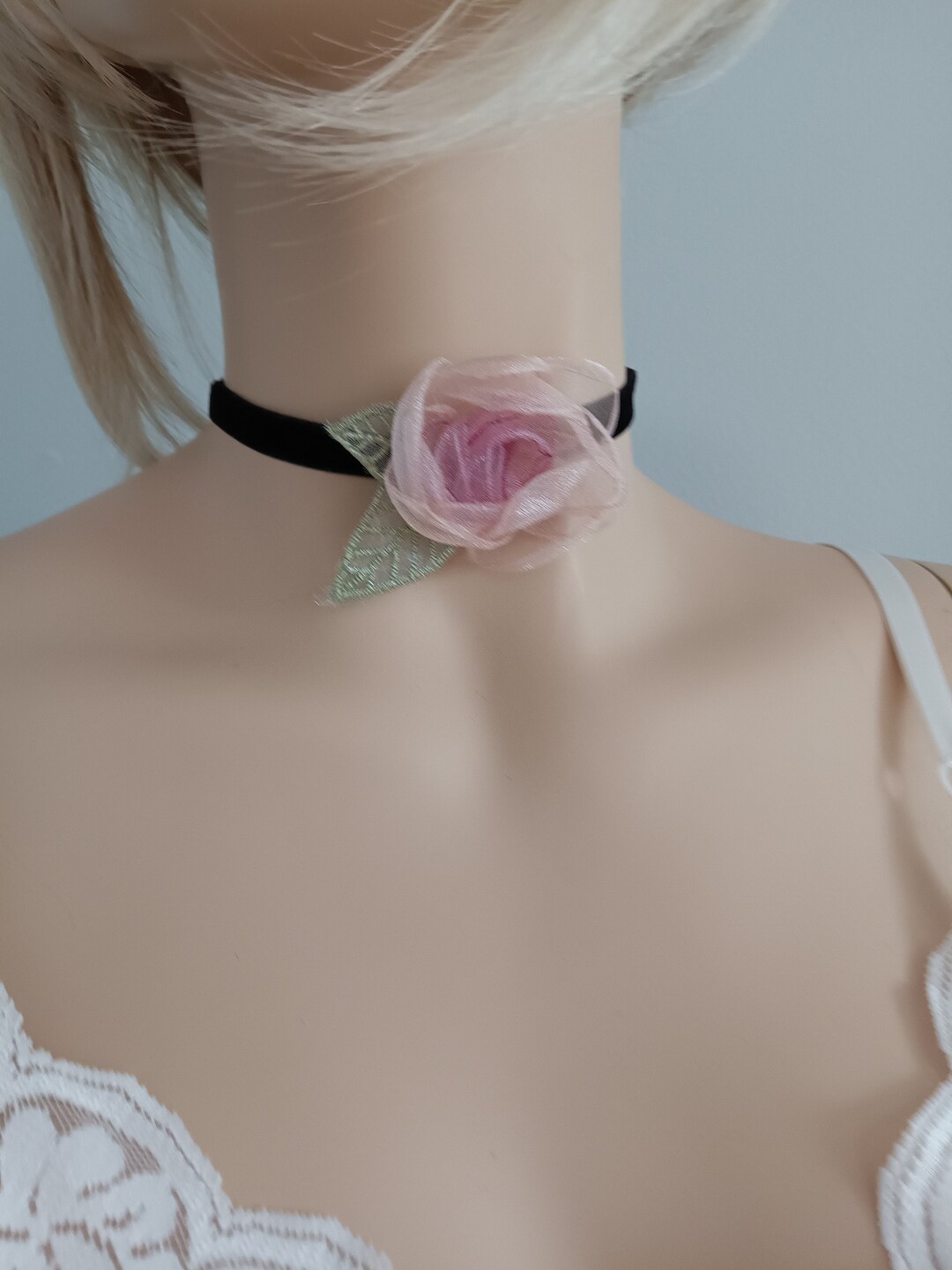 Romantic Pink Organza Rose Flower Choker Black Velvet Ribbon ...