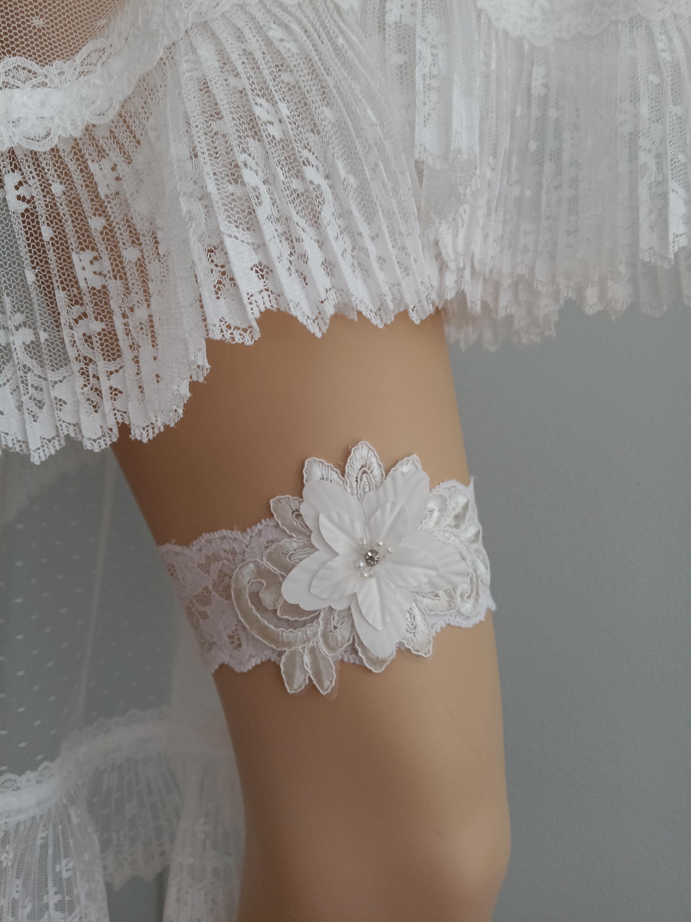 Wedding Garter Single| White Beaded Lace Garter| Bridal Wedding Garter ...