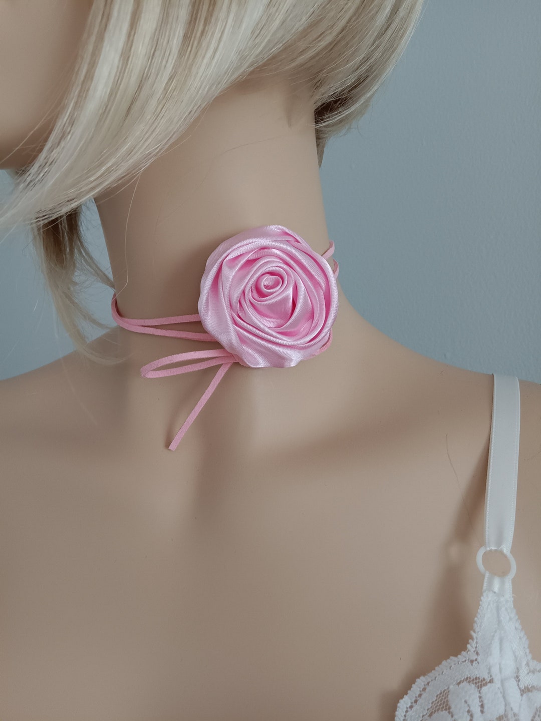 Rosette Wrap Necklace | Romantic Pink Satin Rose Flower Choker | Bridesmaid Necklace | Rose ...