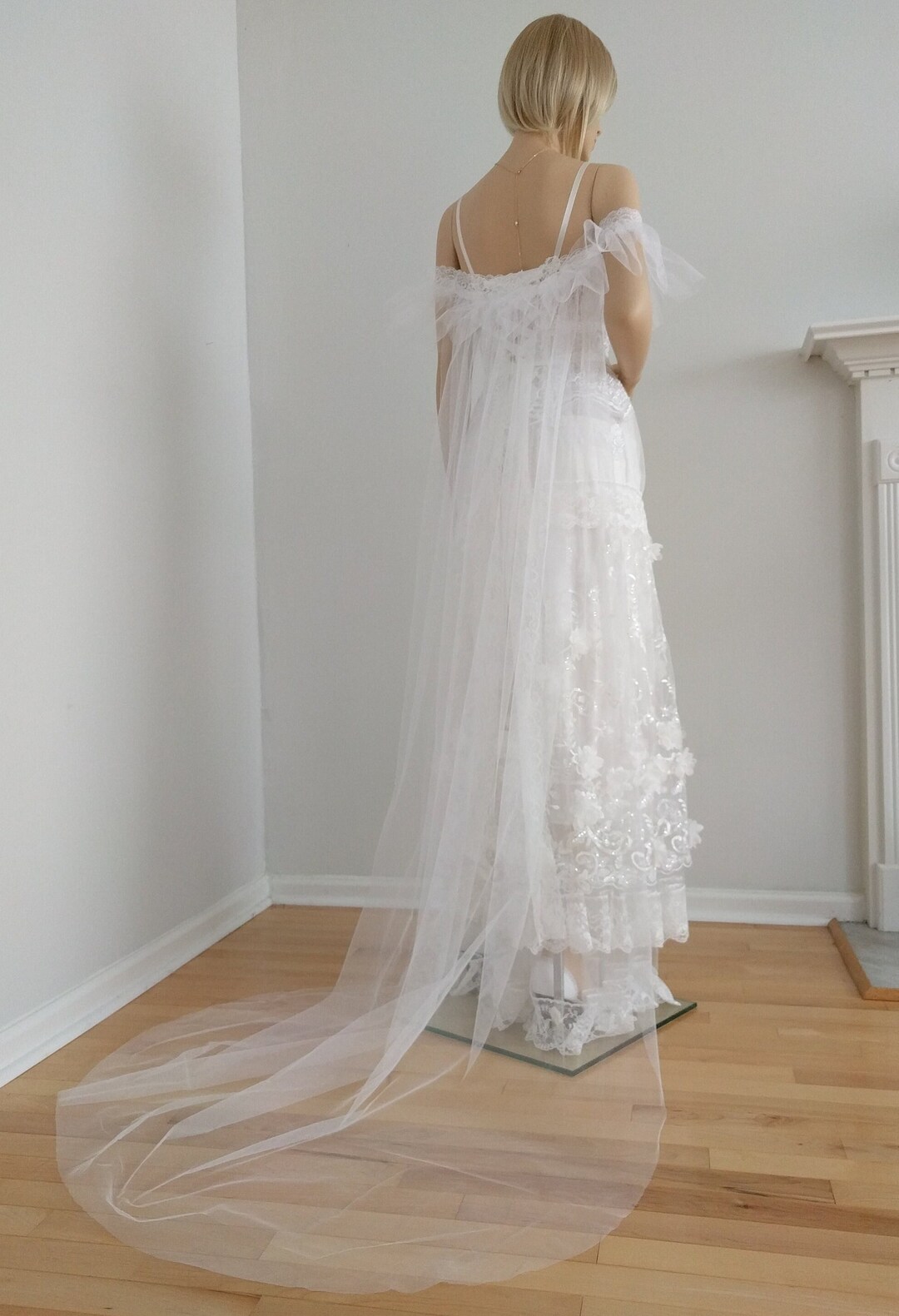 Bridal White Tulle Bicep Cape With Long Train - Removable Puff Ruffle ...