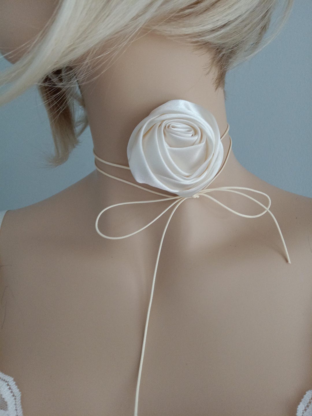 Rosette Wrap Necklace | Romantic Ivory Satin Rose Flower Choker ...