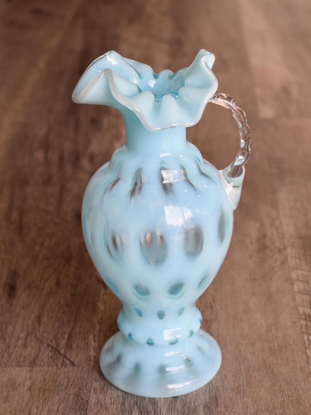 Fenton Blue Opalescent Coin Dot Pitcher / Ewer – 9″ Vintage Art Glass ...