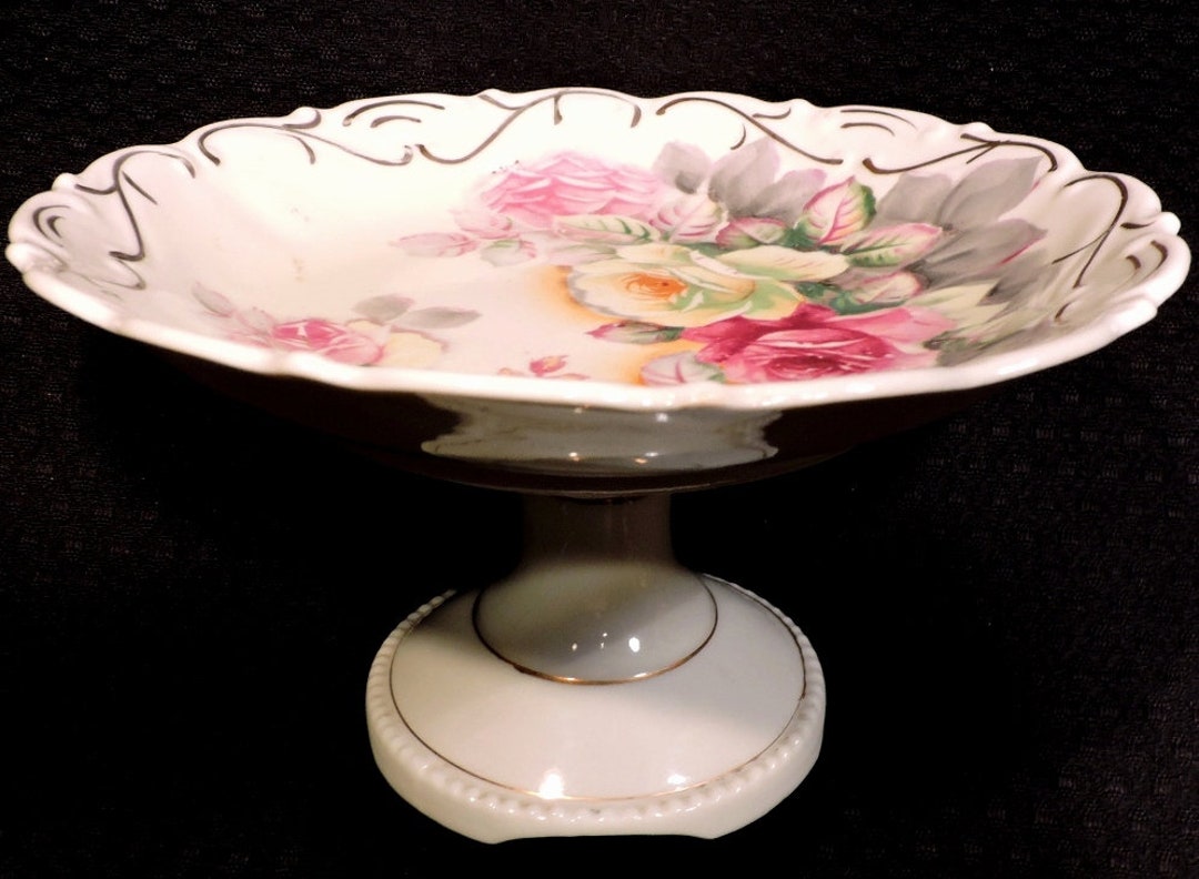 Vintage Pedestal Compote, Norleans, Made in Japan, Hand Painted Roses ...