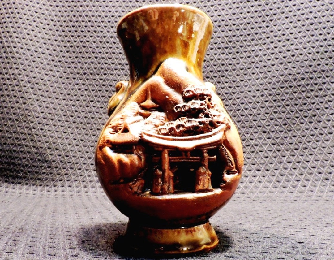 Antique Japanese Banko Red-ware Pottery Vase, 3D Pagoda Scene, Hand ...