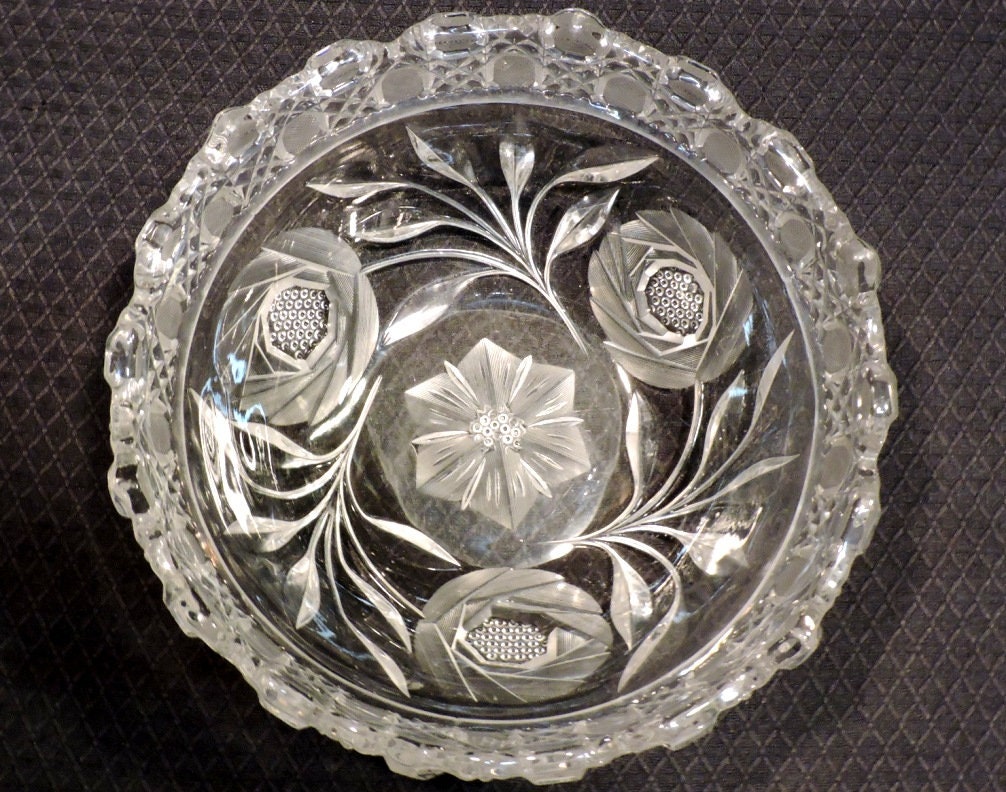 Vintage Heavy Cut Crystal Bowl With Floral and Foliage Cut and ...