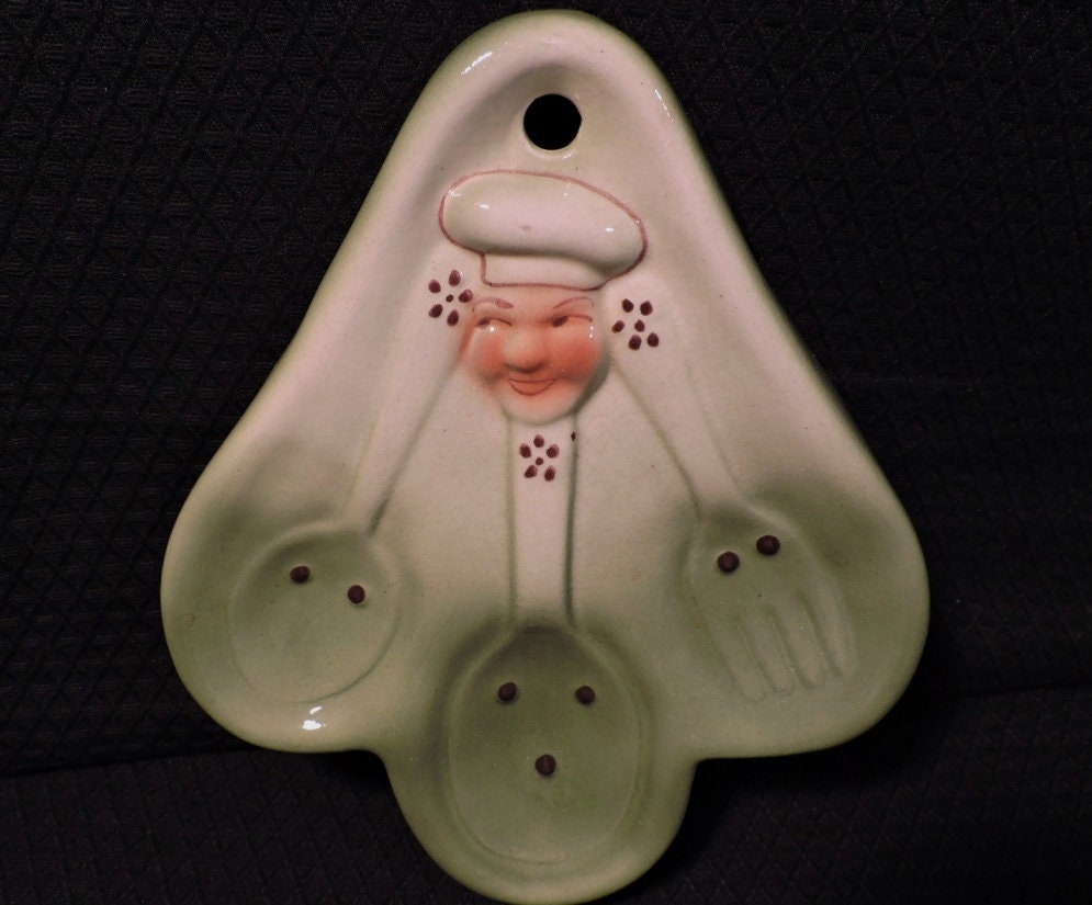 Vintage Happy Chef Stove Top 3-spoon Rest With Wall Hanging Port, Mid ...