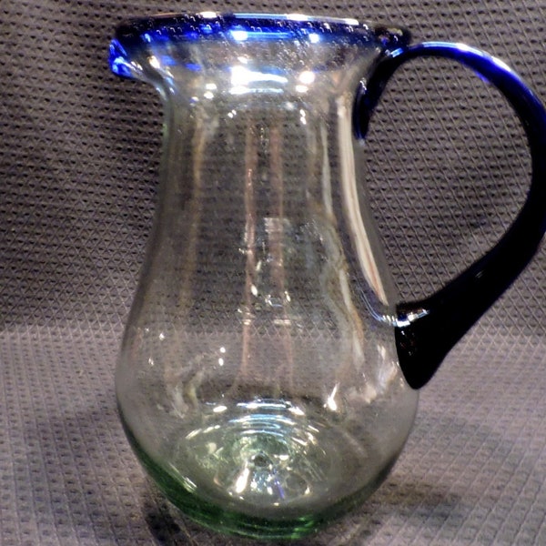 Mexican Glass Pitcher Blue Rim - Etsy