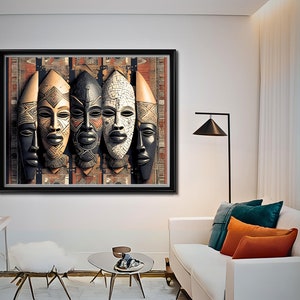 Four Split African Masks and Cloth Digital Art Print Black, Gold, White ...