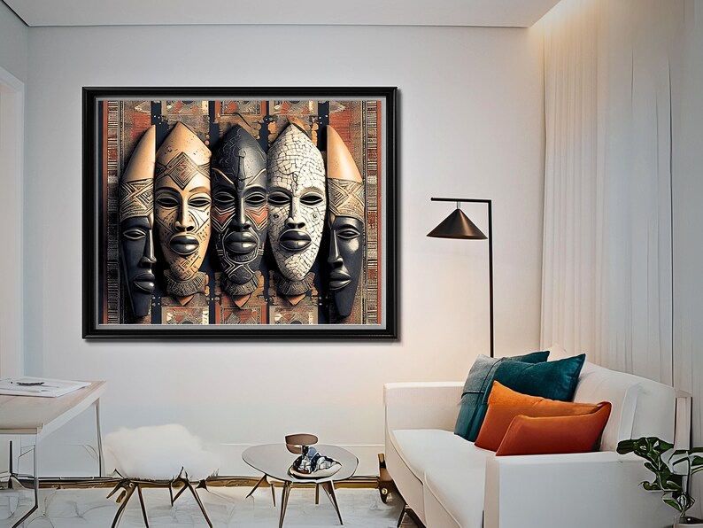 Four Split African Masks and Cloth Digital Art Print Black, Gold, White ...