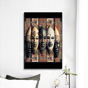 Four Split African Masks and Cloth Digital Art Print Black, Gold, White ...