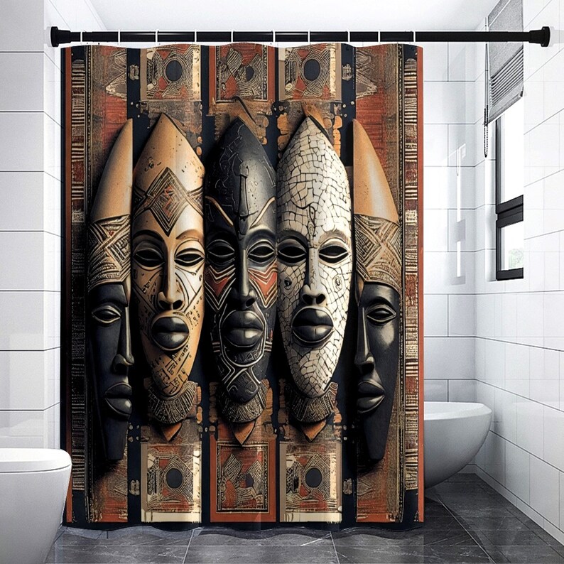 Four Split African Masks and Cloth Digital Art Print Black, Gold, White ...