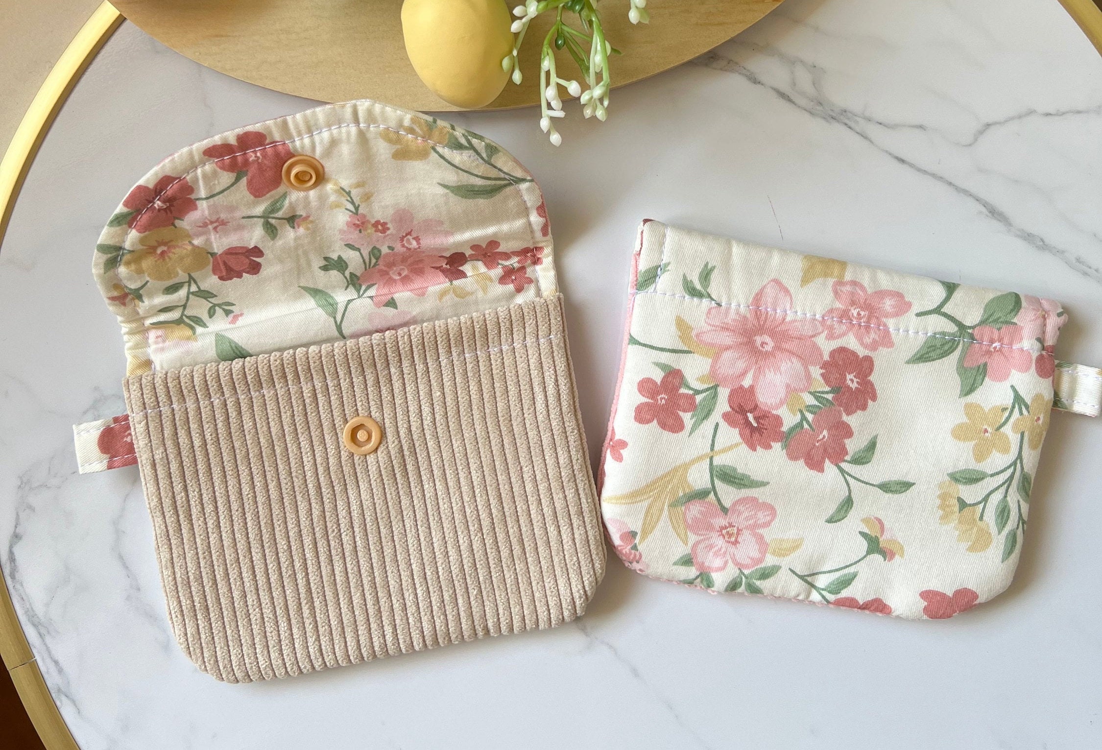 Snap Purse Handmade Flower Two Tone Card Wallet Pouch Cotton Corduroy ...
