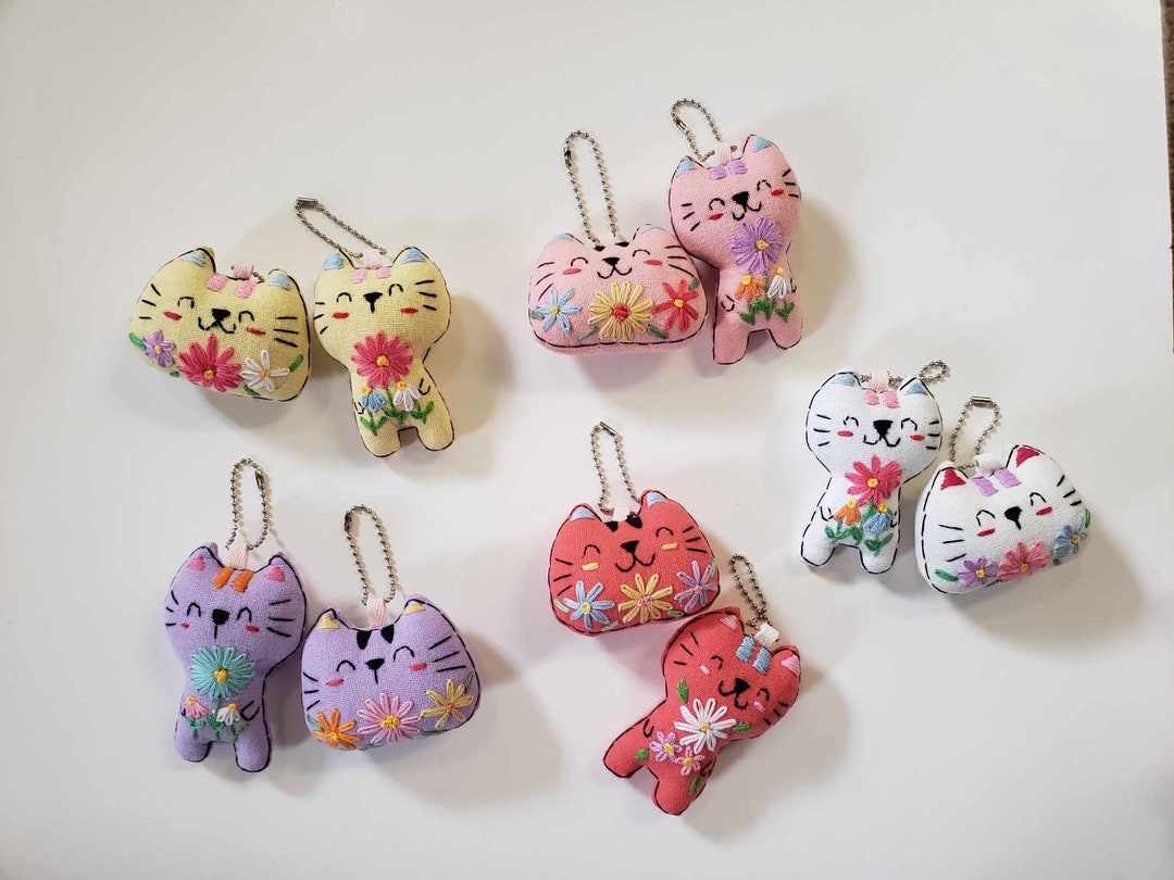 Hand Embroidery Doll Key Chain. Cute Cat Fabric Keychain - Etsy