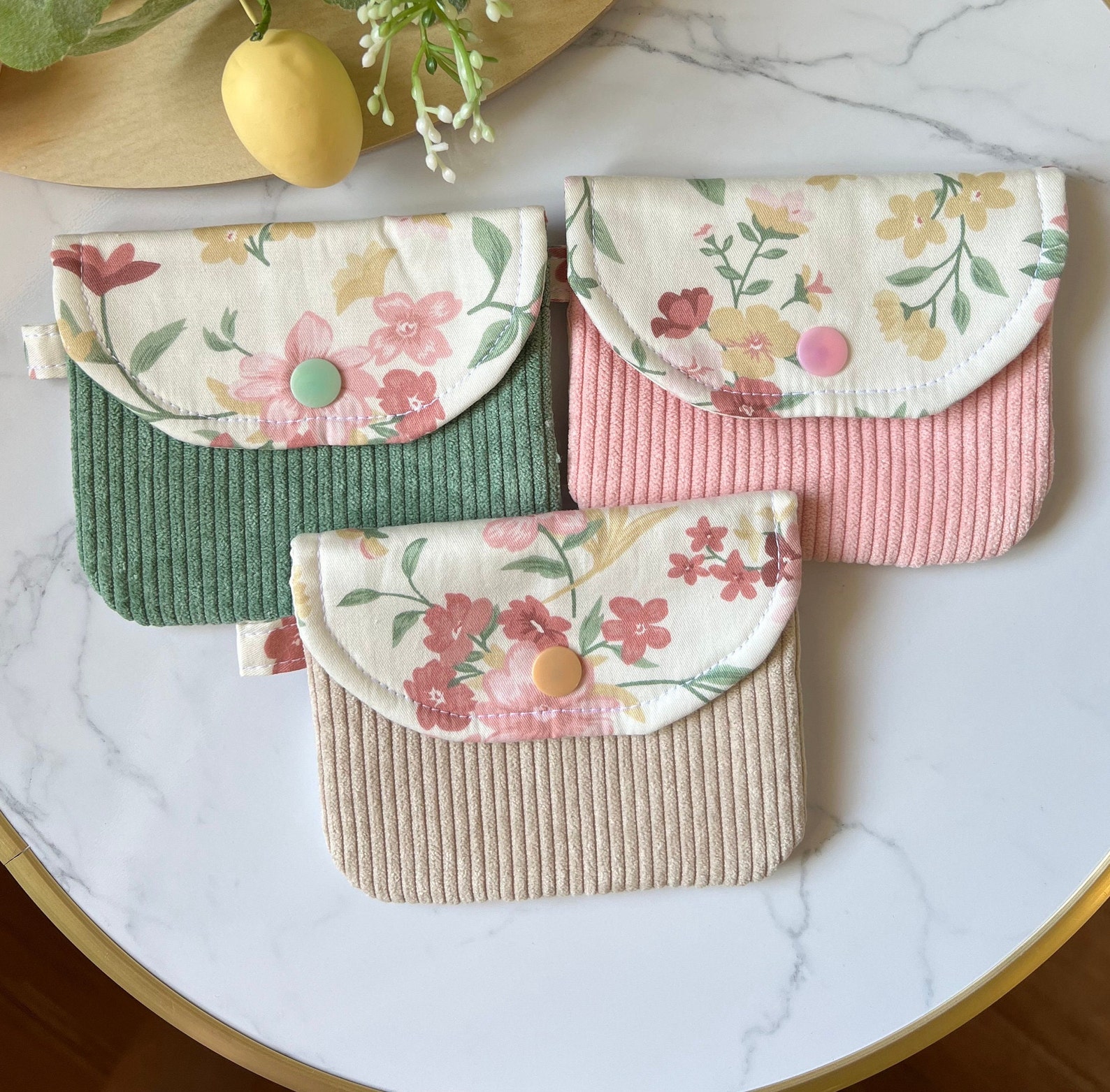 Snap Purse Handmade Flower Two Tone Card Wallet Pouch Cotton Corduroy ...