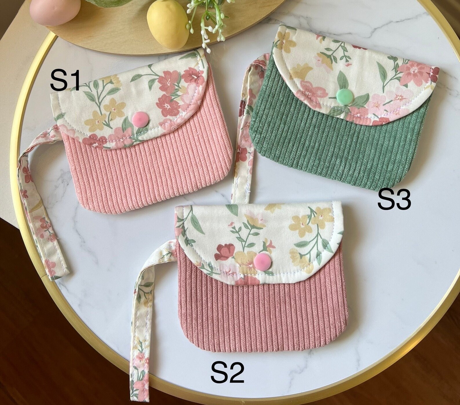 Snap Purse Handmade Flower Two Tone Card Wallet Pouch Cotton Corduroy ...