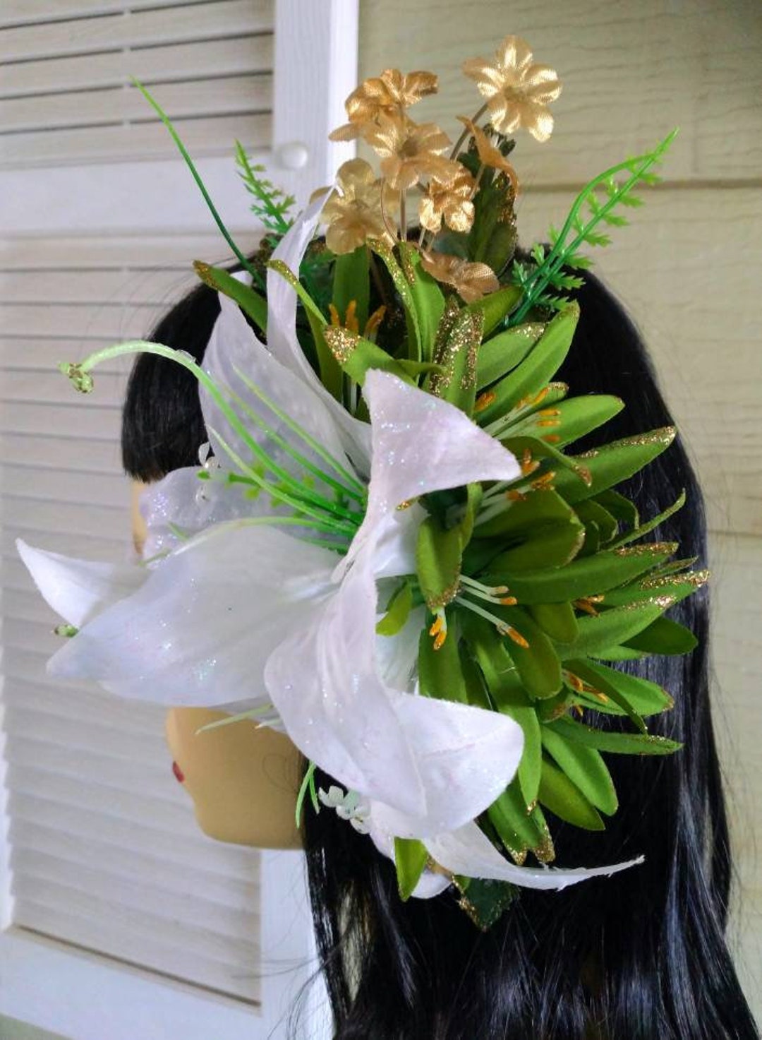 Double White Tiger Lilly Tiki Hawaiian Hair Flower Wedding Prom Pinup ...