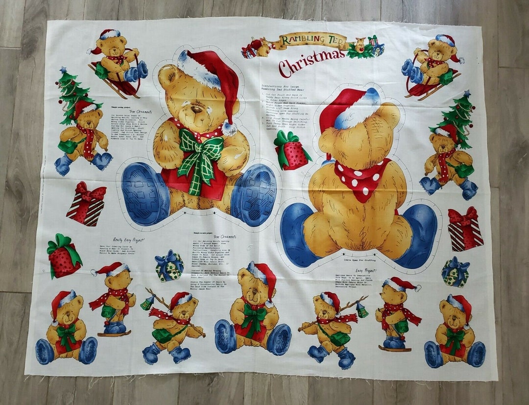 Rambling Teddy Christmas Stuffed Bear Ornaments Appliques Fabric Panel ...