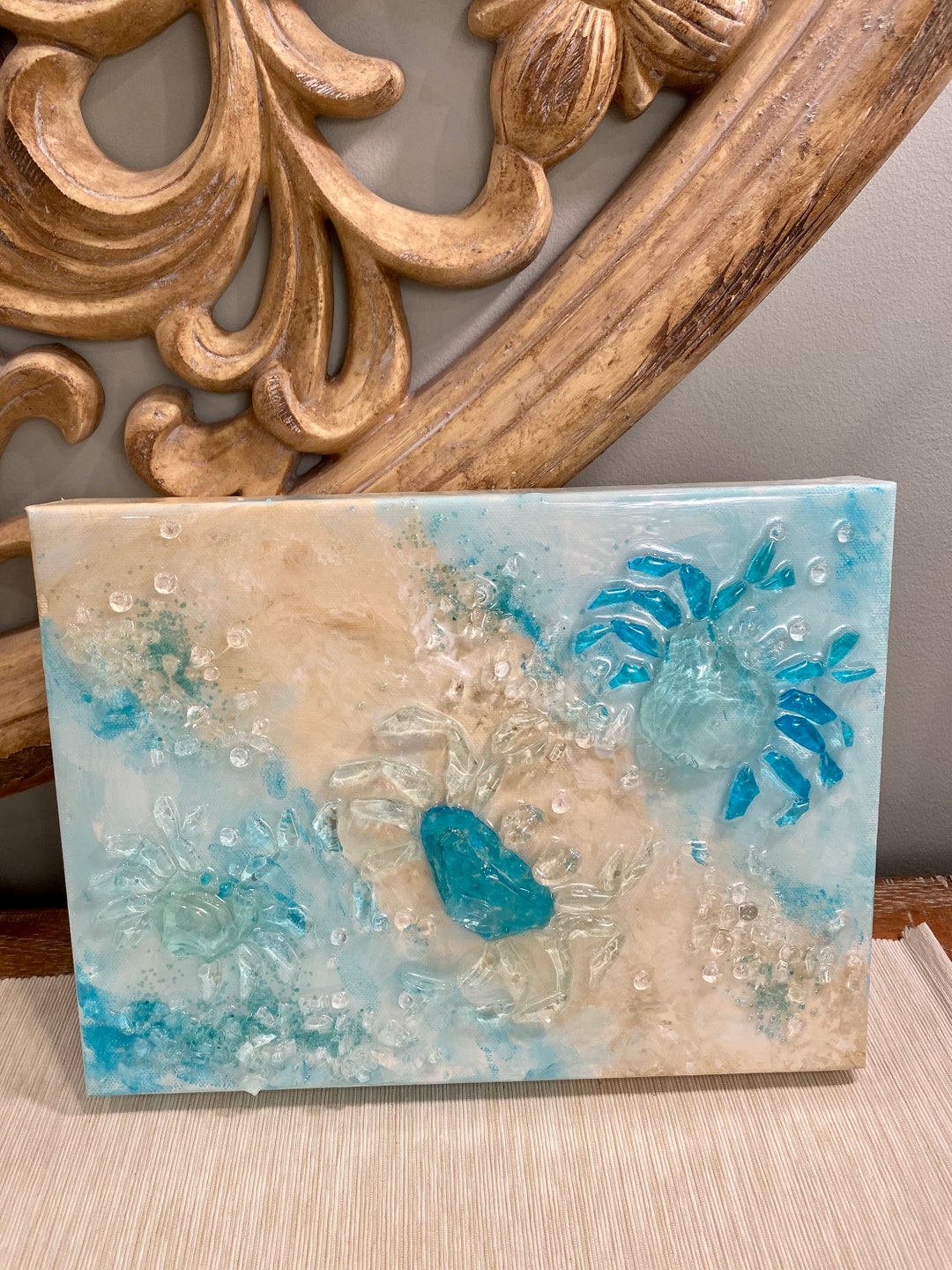 Crab Art, Broken Glass Art on Gallery Wrapped Canvas, Mercury Glass ...