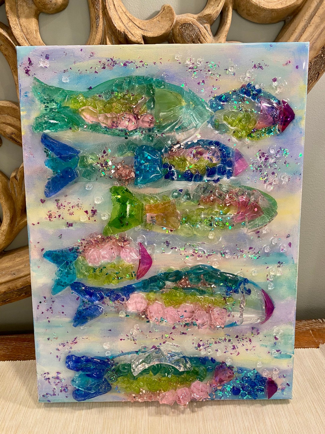 Fish Glass Wall Art on Canvas, Broken Glass Art, Wall Decor, Mixed ...