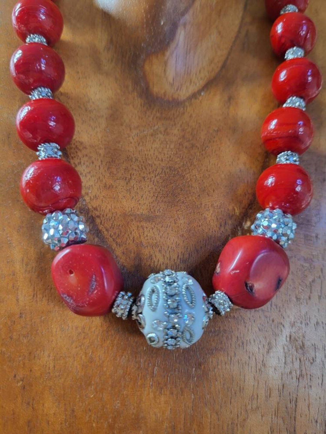 Red Chunky Necklace-trendy- Red Coral-howlite-glass Beads-christmas ...