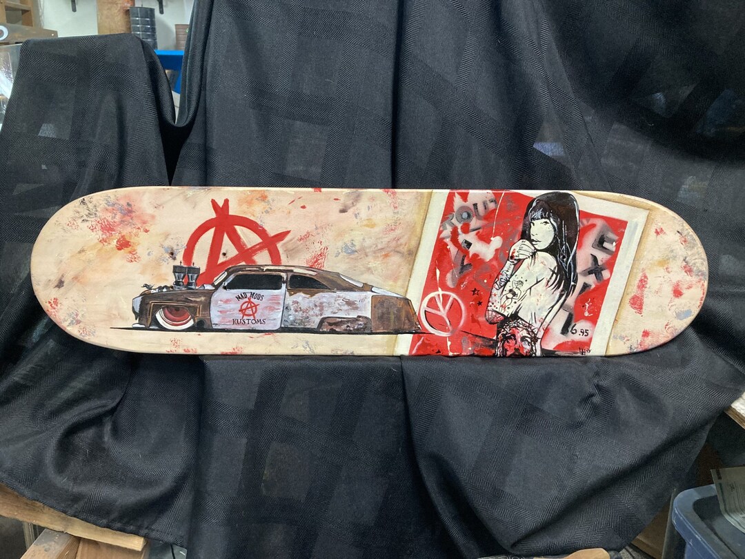 Hand Painted Skateboard Anarchy Car 1950 Ford Pinup Girl Themed Rat Rod ...