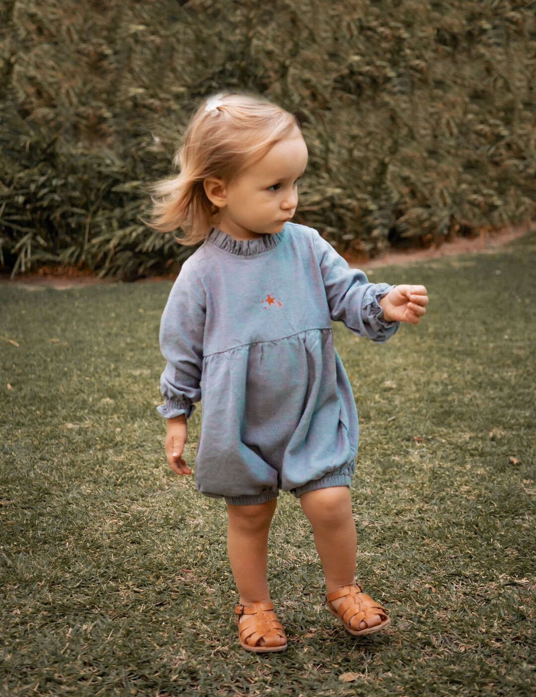 12-18M DARK BLUE Aurora Embroidered Handmade Linen Bubble Romper Ama ...