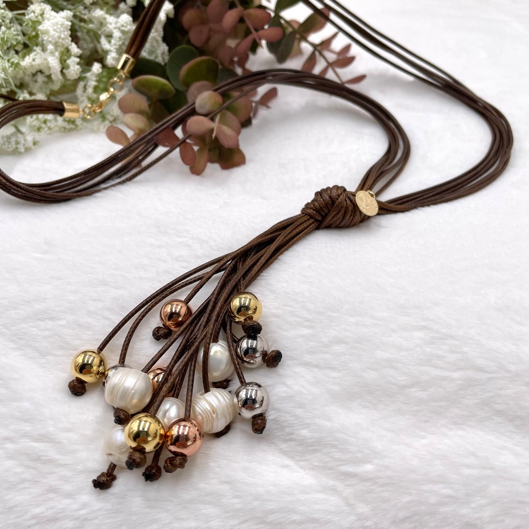 Boho Pearl Lariat Necklace: Brown Cord Statement Jewelry - Etsy