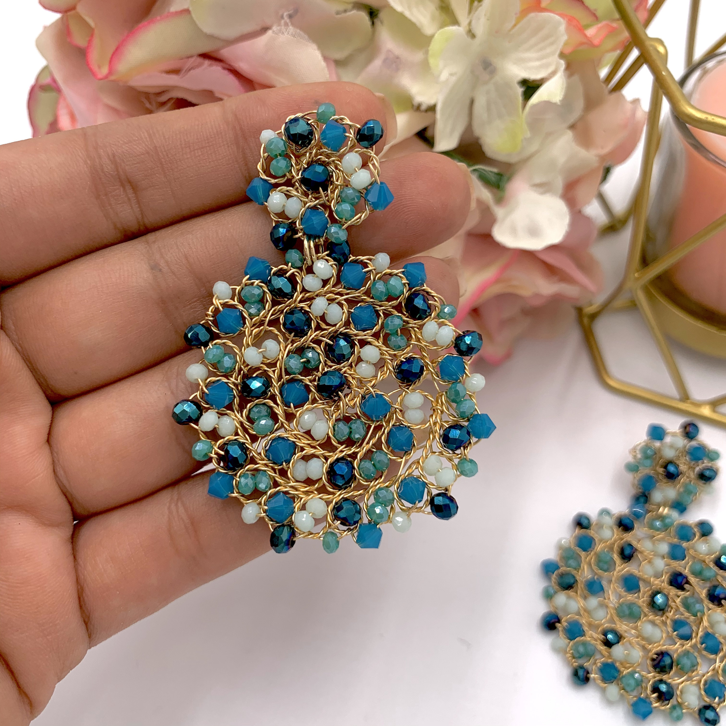 Royal blue crystal earrings, gold spiral earrings, mandala earrings ...