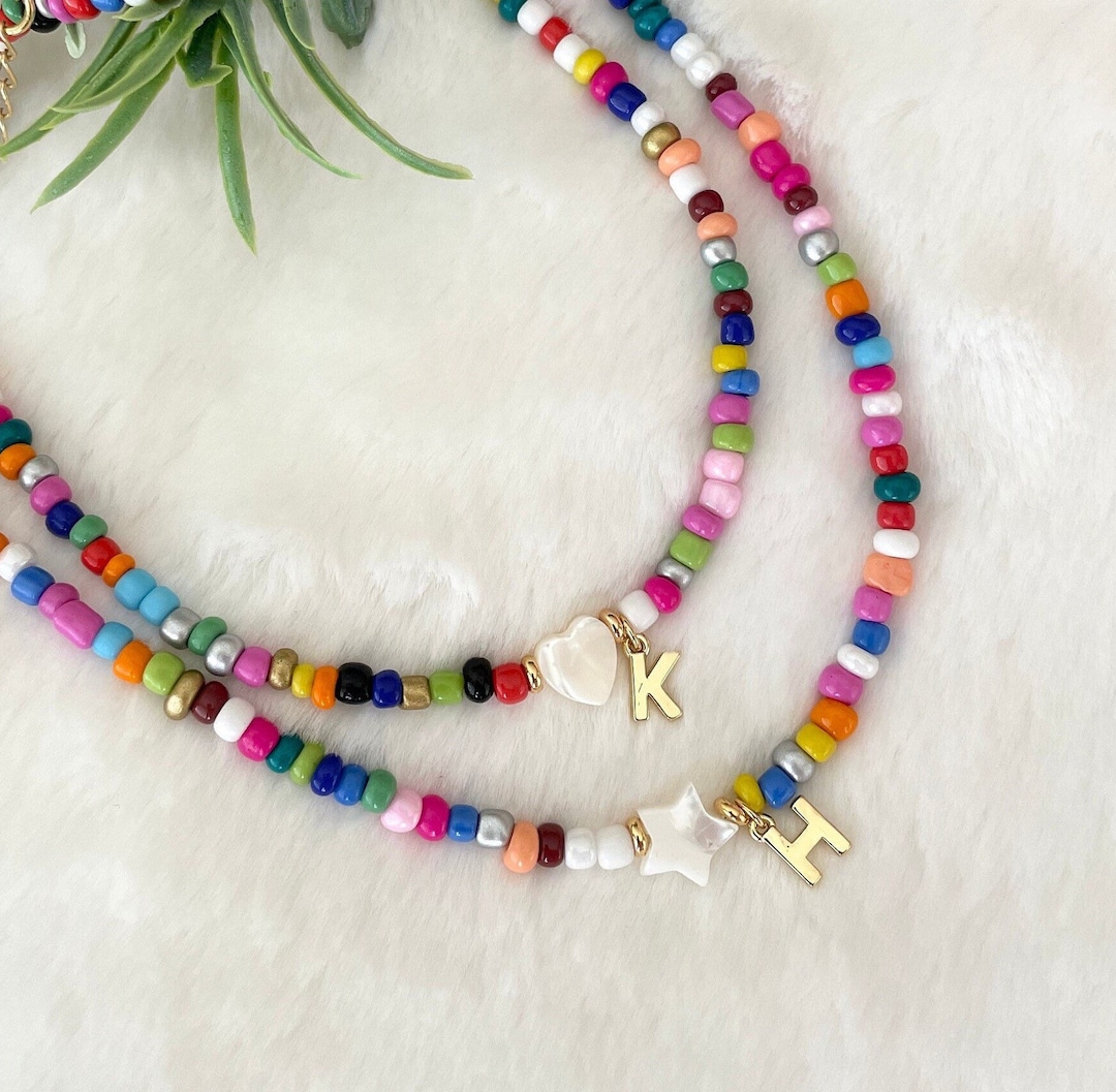 Custom Beaded Necklace, Dainty Initial Necklace, Tiny Letter Necklace ...