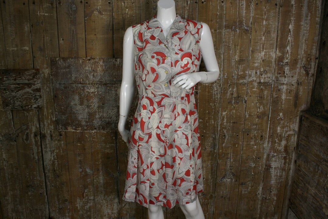 Vintage 70s Trevira Georgette Mod Dress, Raspberry/ White Sleeveless ...